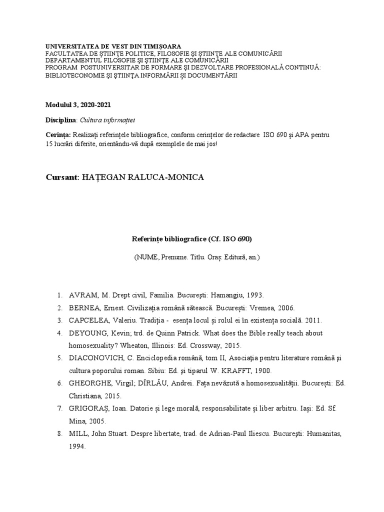 Exemple Referințe Bibliografice Conform ISO 690, APA. | PDF