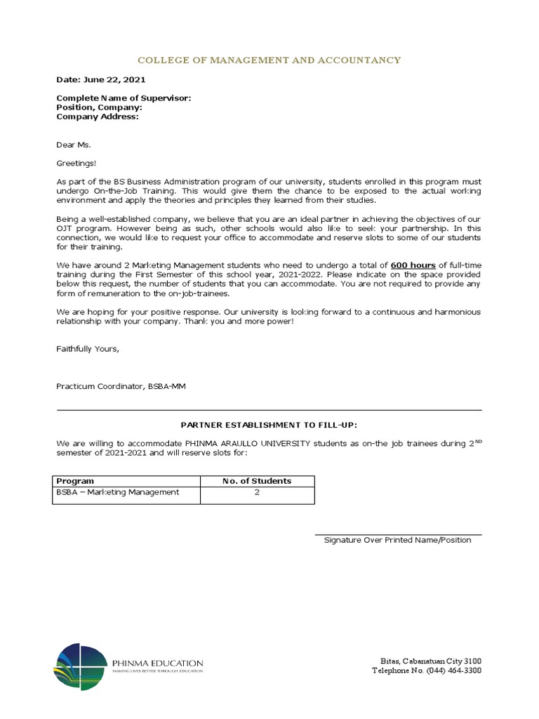 Pre Internship Letter | PDF