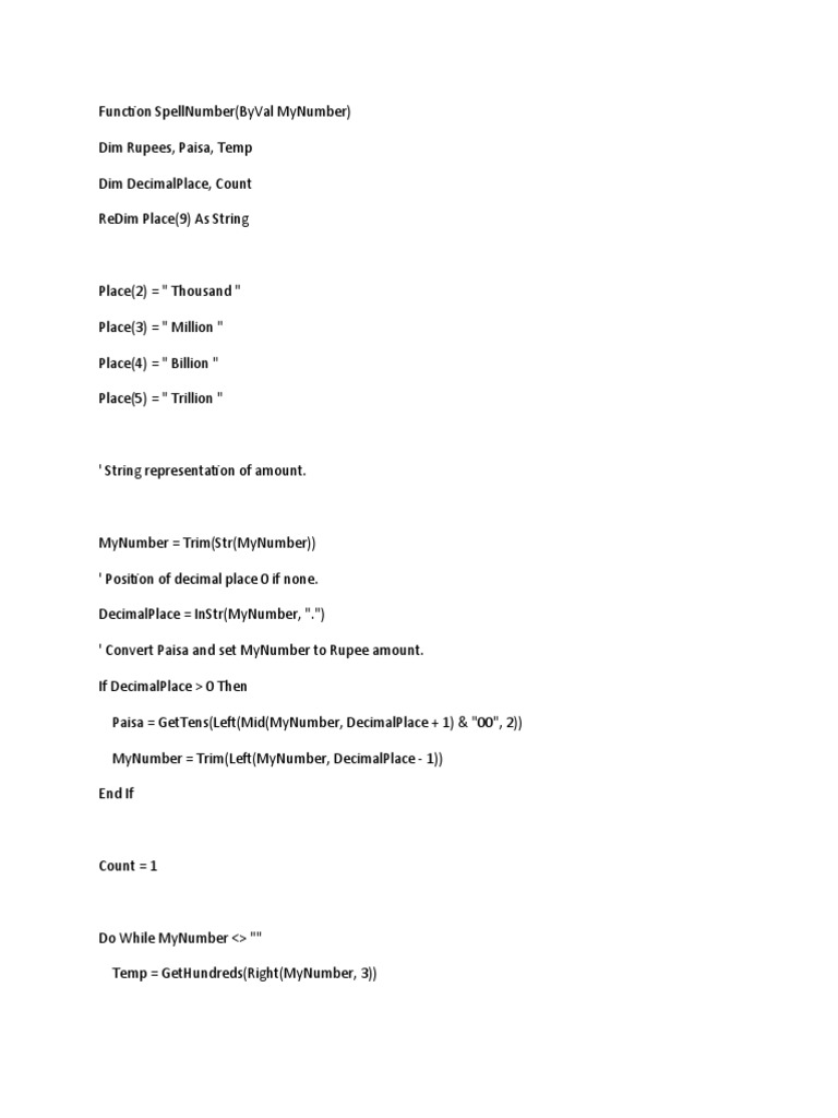 Function SpellNumber | PDF | Rupee | Computer Programming