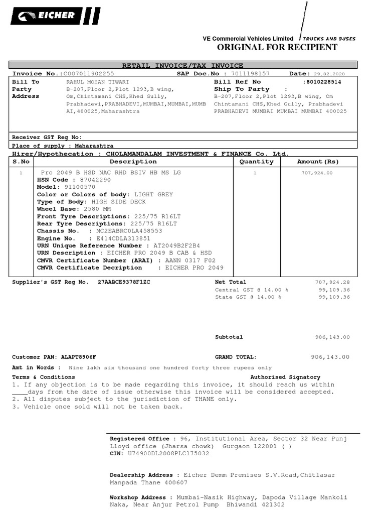 Original For Recipient: Retail Invoice/Tax Invoice | PDF | Car Body ...
