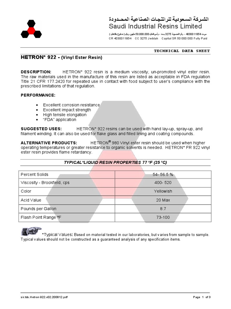 Saudi Industrial Resins Limited: HETRON 922 | PDF | Polyvinyl Chloride | Ultimate Tensile Strength