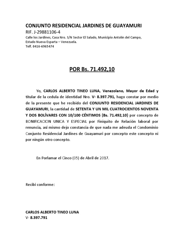 RECIBO Bono Unico C. Tineo | PDF