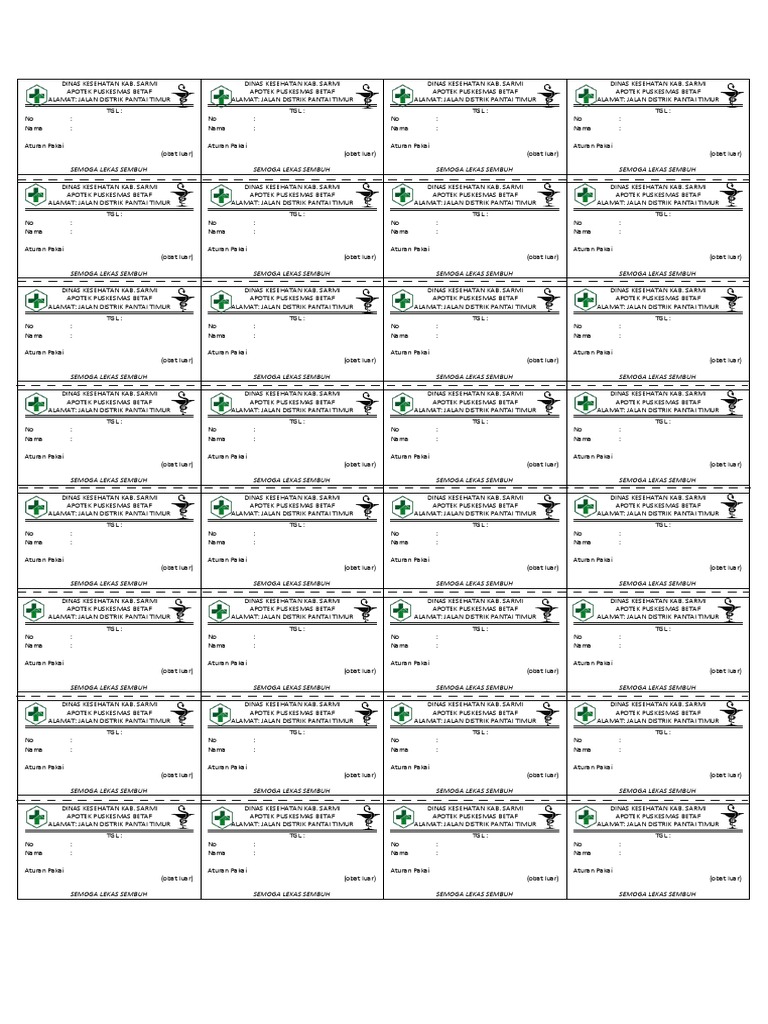 Contoh Etiket Obat Puskesmas Sarmi | PDF