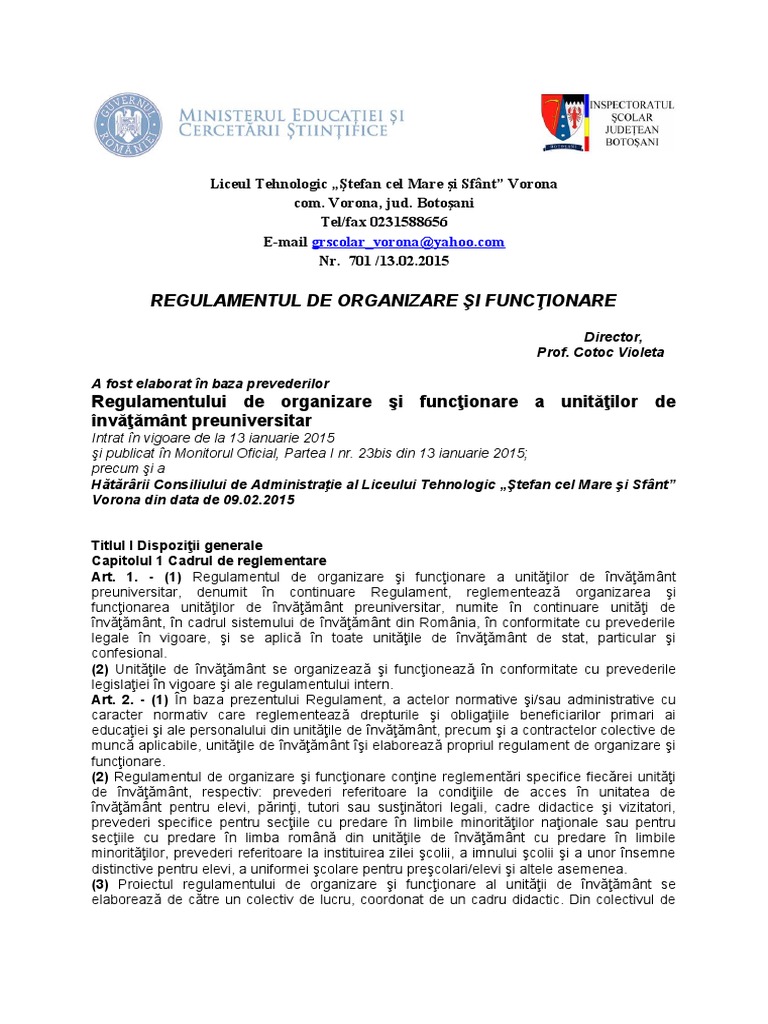 Noul Regulament U0218colar | PDF
