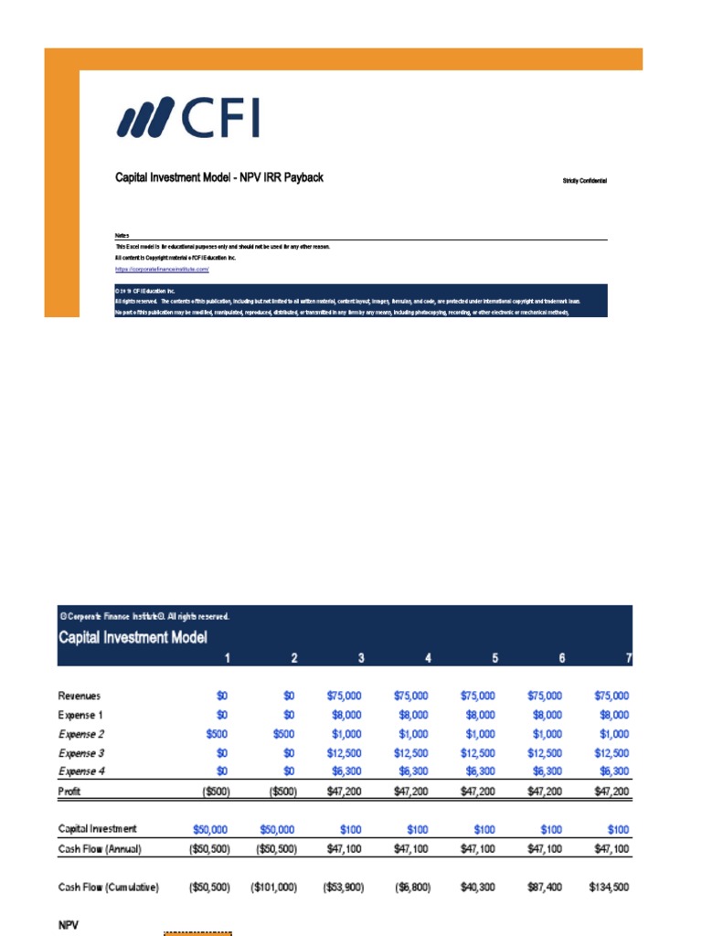 Capital Investment Model - NPV IRR Payback: Strictly Confidential | PDF ...