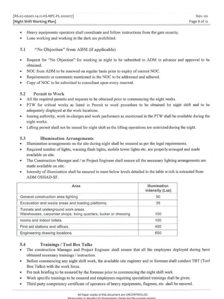 Night Shift Work Plan Requirements for Heavy Equipment Operators | PDF ...