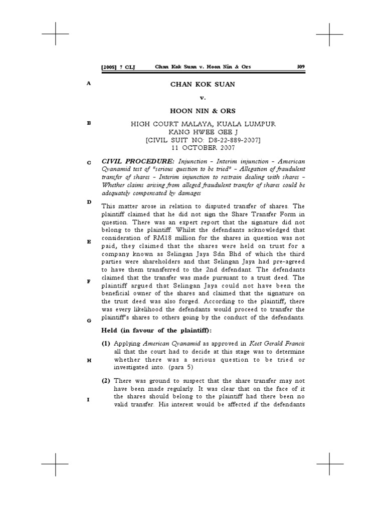 Chan Kok Suan v. Hoon Nin: Share Dispute | PDF | Injunction | Judgment ...