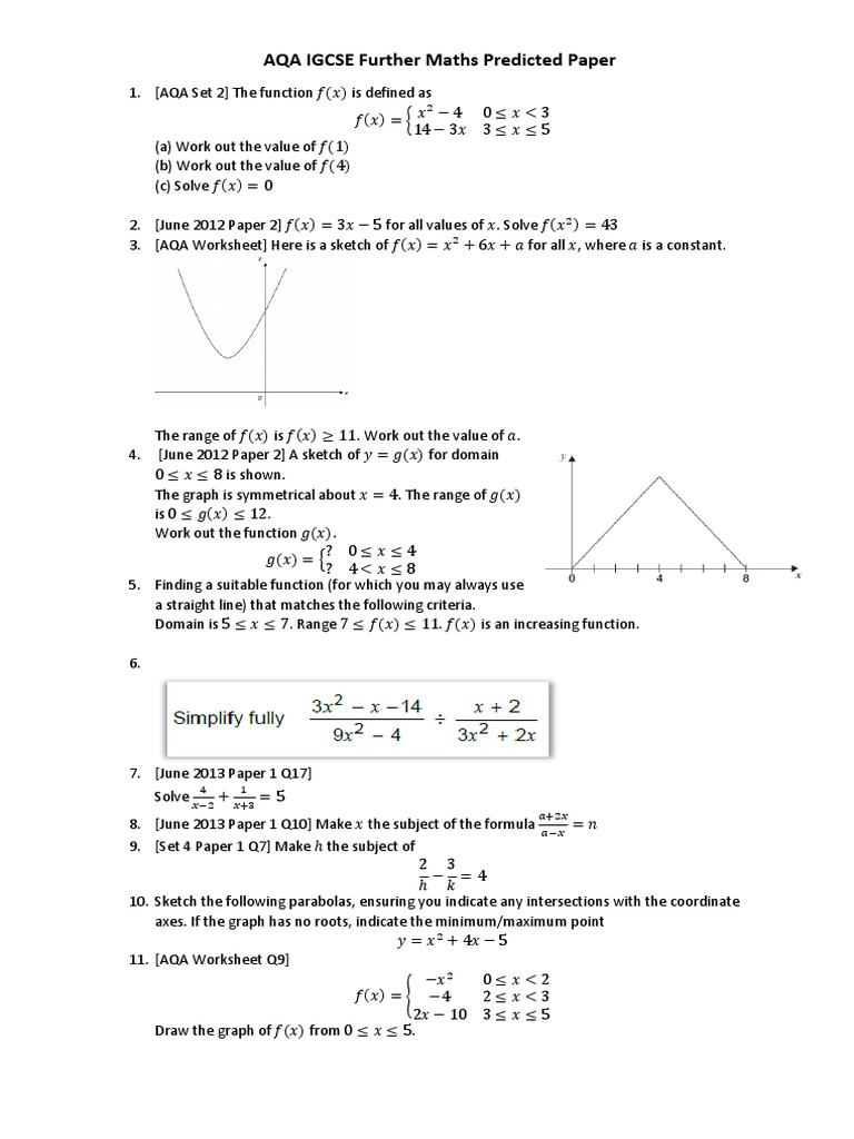 AQA IGCSE Further Maths Predicted Paper | PDF | Function (Mathematics ...