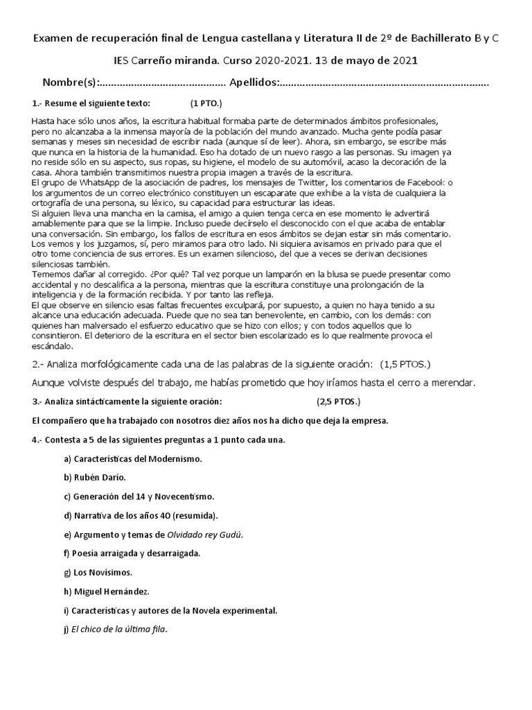 Examen de Recuperación Final de Lengua Castellana y Literatura II de 2º de Bachillerato B y C ...