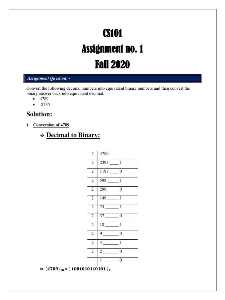 CS101 Assignment No 1 Solution Fall 2020 | PDF | Decimal | Notation