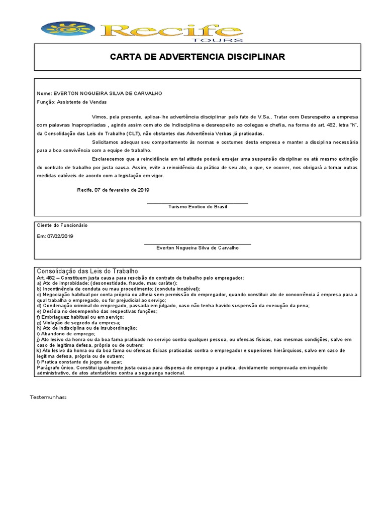 Carta de Advertência Disciplinar - 14 06 2018 | PDF | Justiça | Crime e ...