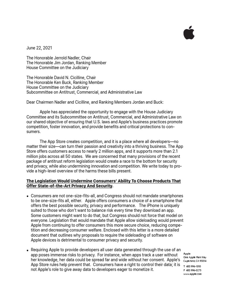 Apple Letter to HJC June 22 2021 | Mobile App | Apple Inc.