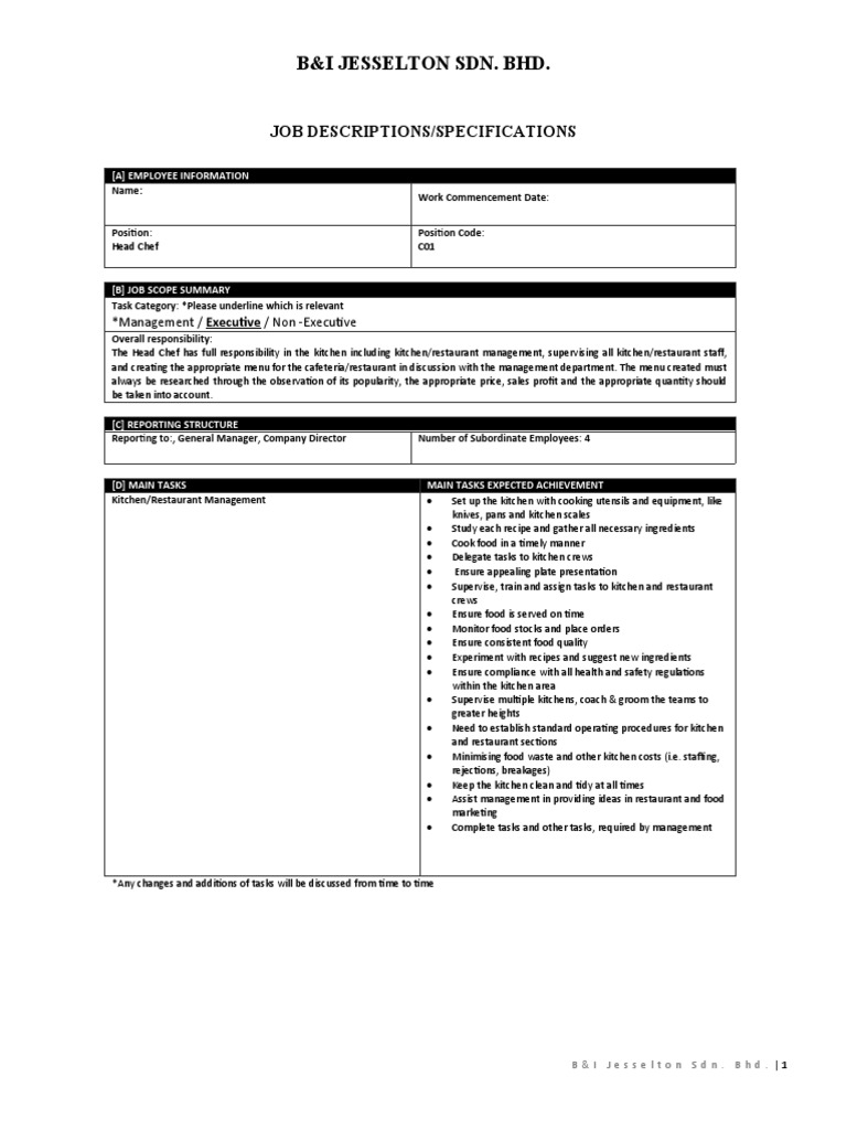 Job Description Head Chef - English Version (D'Atas) | PDF | Chef | Foods