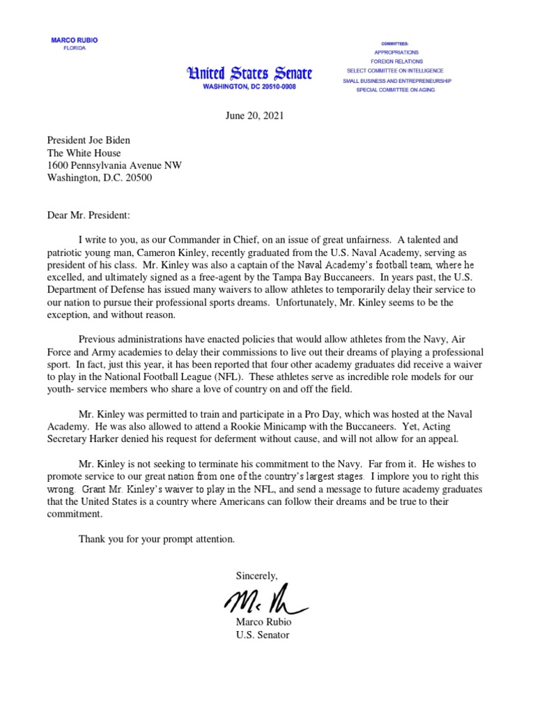 Rubio Letter To Biden On Kinley | PDF