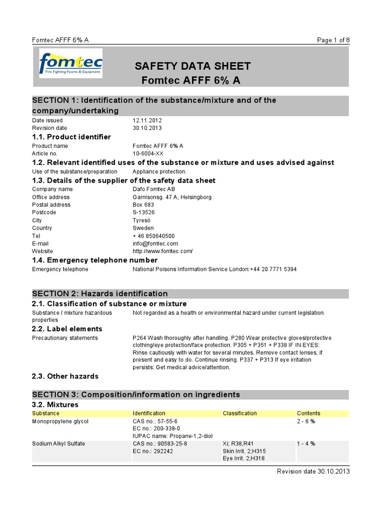 Safety Data Sheet Fomtec AFFF 6% A: SECTION 1: Identification of The ...