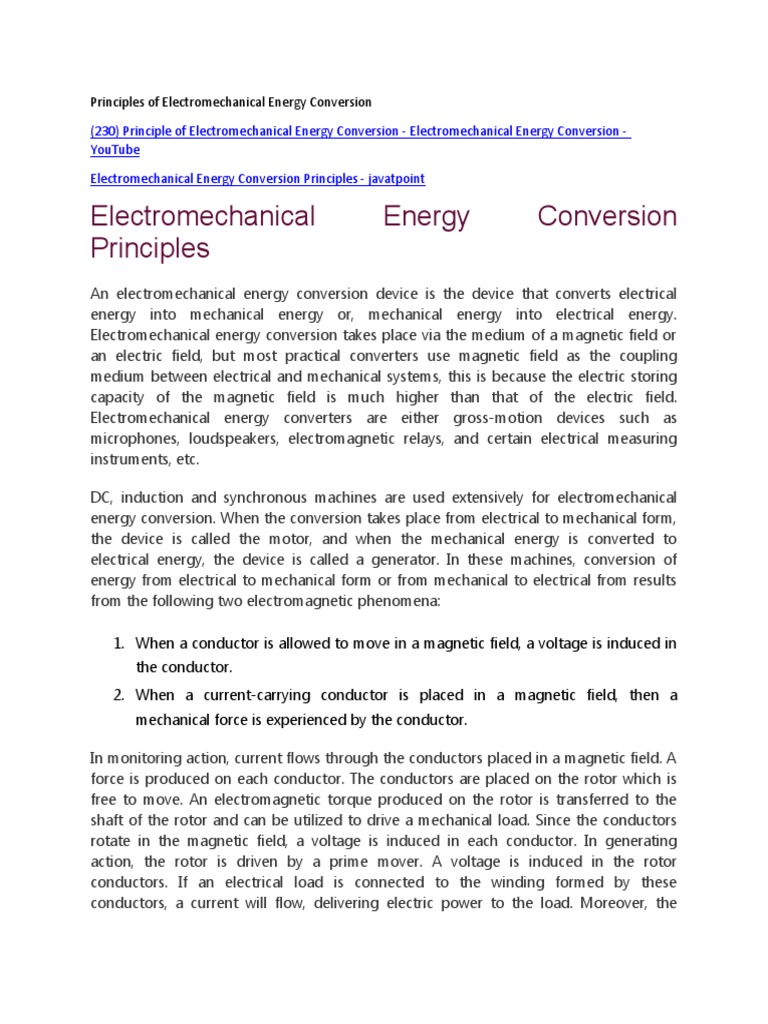Principles of Electromechanical Energy Conversion | PDF | Magnetic Field | Electromagnetic Induction