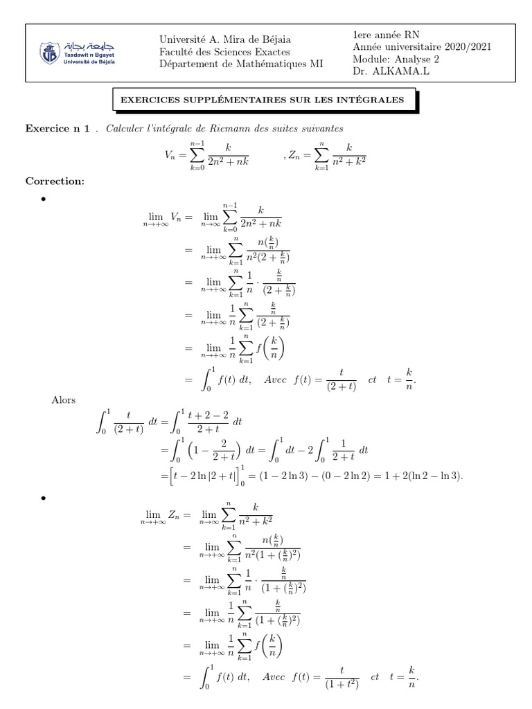 Correction de La Série Dexercices Supplémentaire Sur Les Intégrales ...