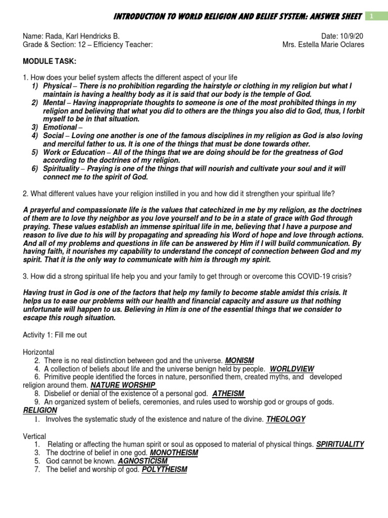 Week 1 World Religion Answer Sheet | PDF | Christian Denomination ...