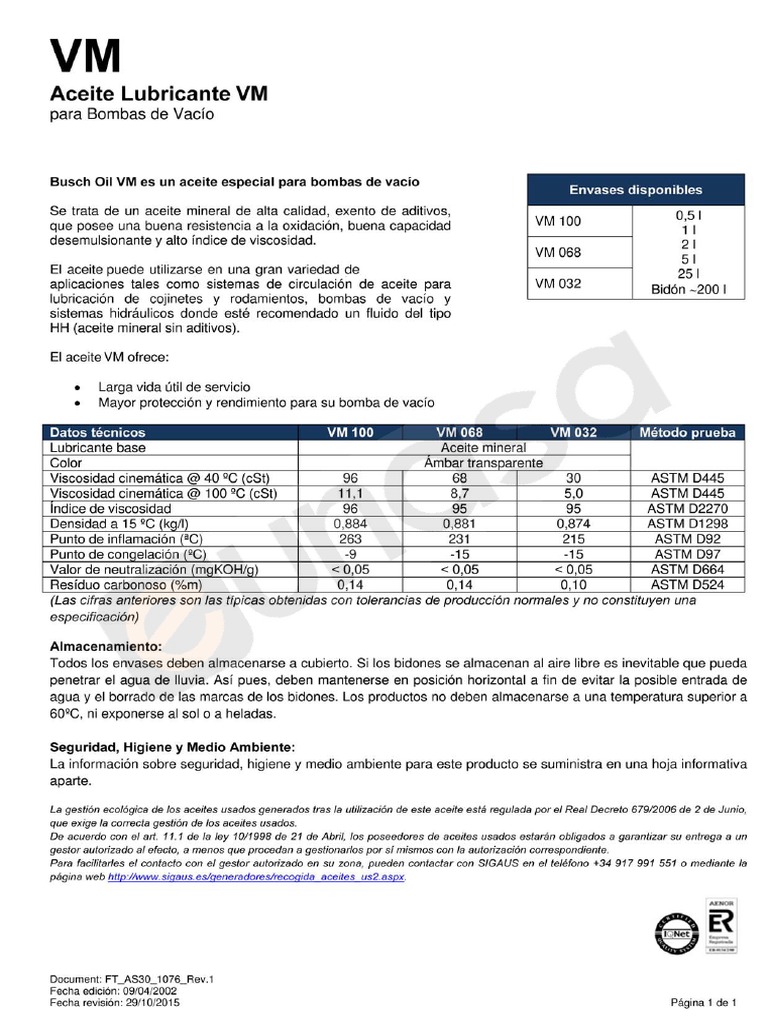 Aceite Busch VM 68 | PDF