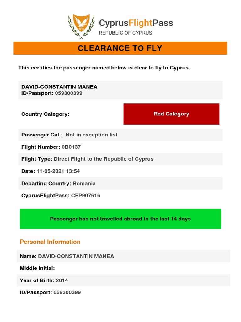 Clearance To Fly: Personal Information | PDF | Wellness | Medical