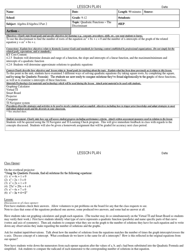 Lesson Plan: Action | PDF | Quadratic Equation | Teaching Mathematics