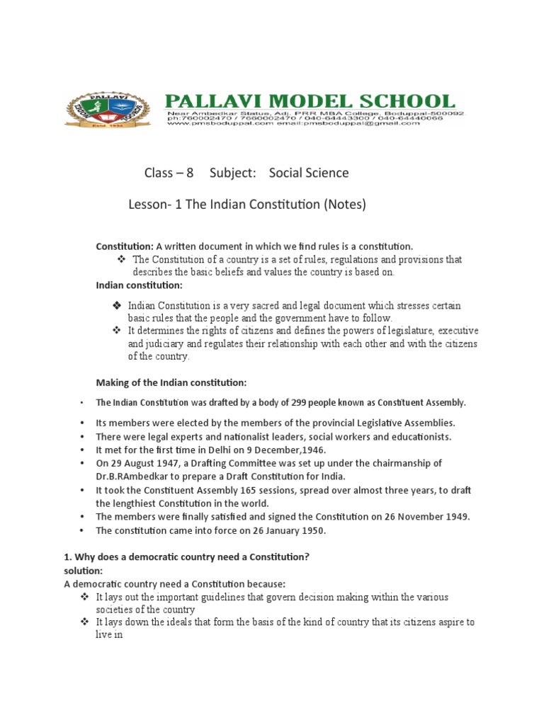 Class - 8 Subject: Social Science Lesson-1 The Indian Constitution ...