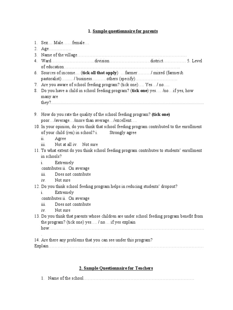 School Feeding Program Questionnaire | PDF | Human Nature