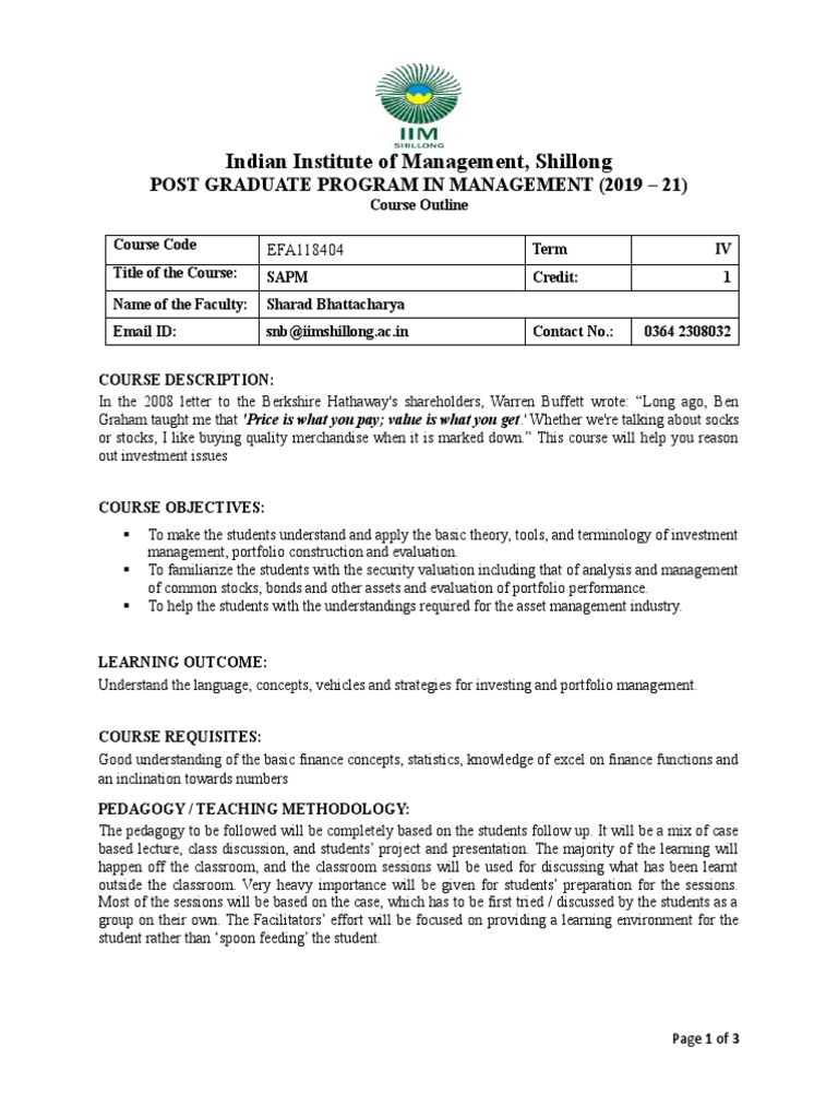 Sapm Course Outline 2020 | PDF | Investment Management | Valuation (Finance)