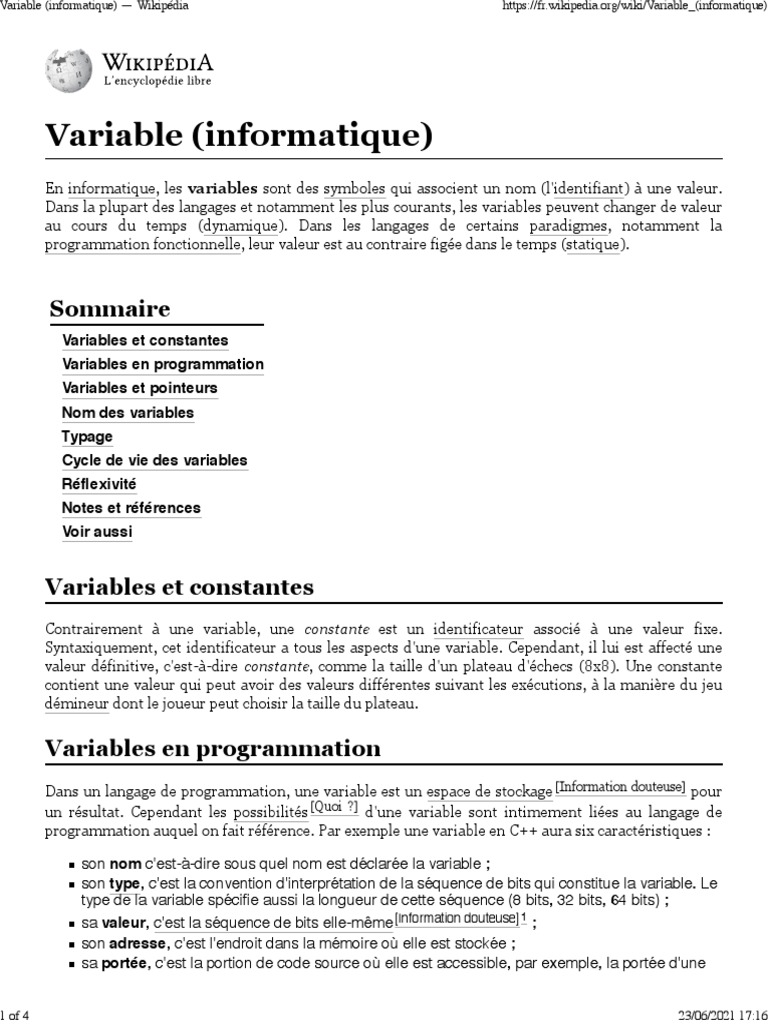 Variable (Informatique) - Wikipédia | PDF | Variable (informatique) | Informatique théorique