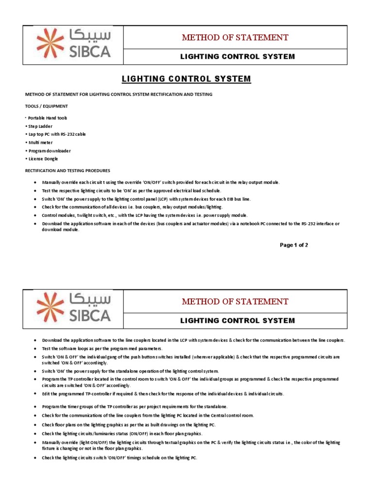 Method of Statement: Lighting Control System | PDF | Lighting ...