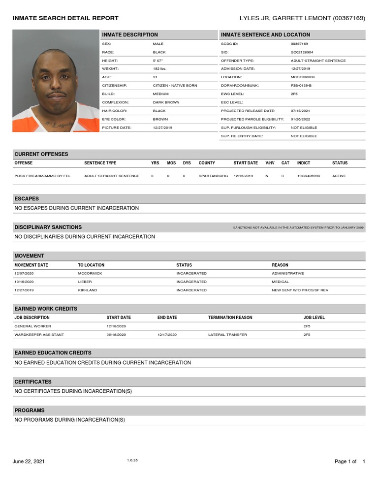 Inmate Search Detail Report: Inmate Description Inmate Sentence and ...