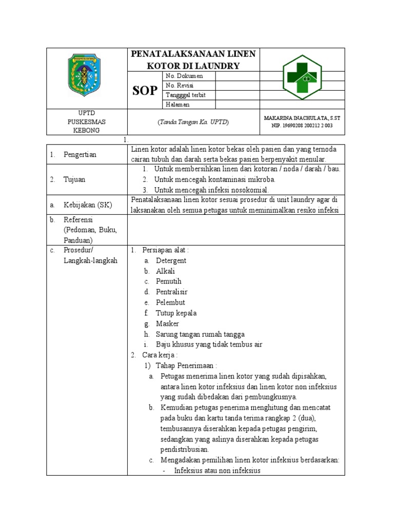 Sop Penatalaksanaan Linen Kotor Di Laundry | PDF