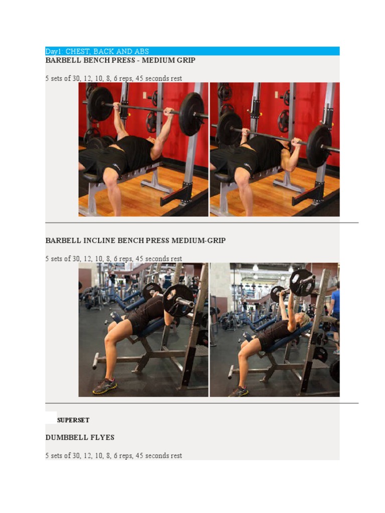 5 Sets of 30, 12, 10, 8, 6 Reps, 45 Seconds Rest: Barbell Bench Press ...