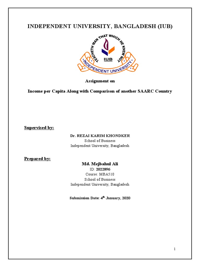 Independent University, Bangladesh (Iub) : Assignment On Income Per ...