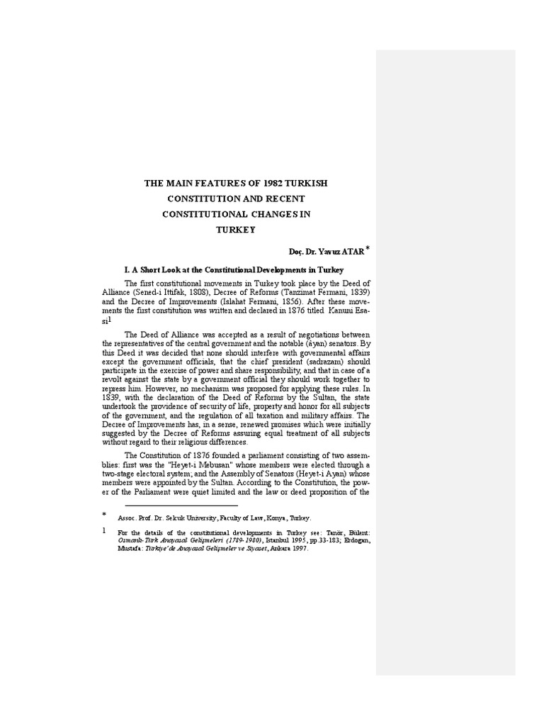 The Main Features of 1982 Turkish Constitution and Recent ...