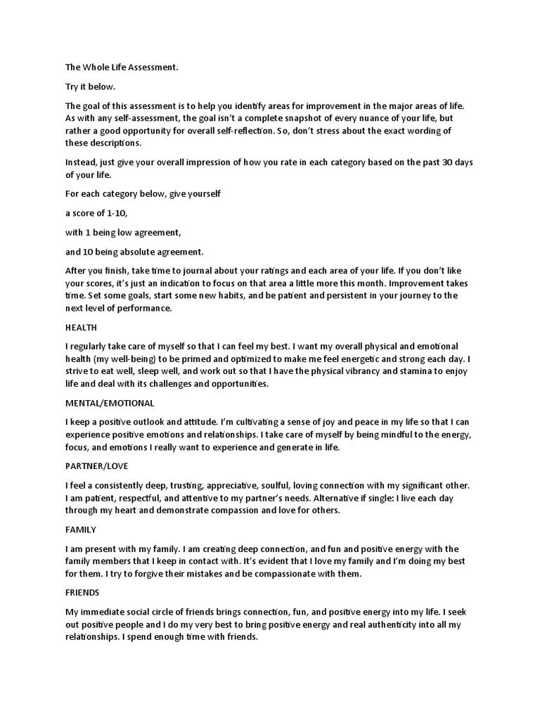 The Whole Life Assessment | PDF | Applied Psychology | Love