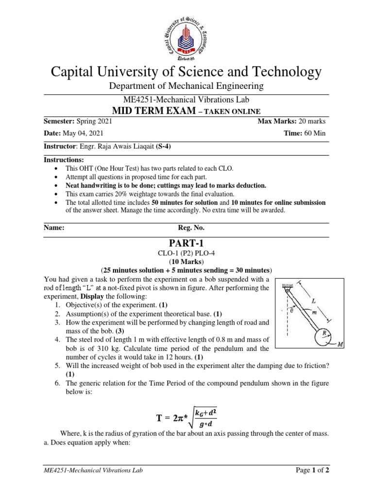 ME4251-Mech. Vibrations Lab MID TERM Exam S-4 | PDF | Pendulum | Metrology