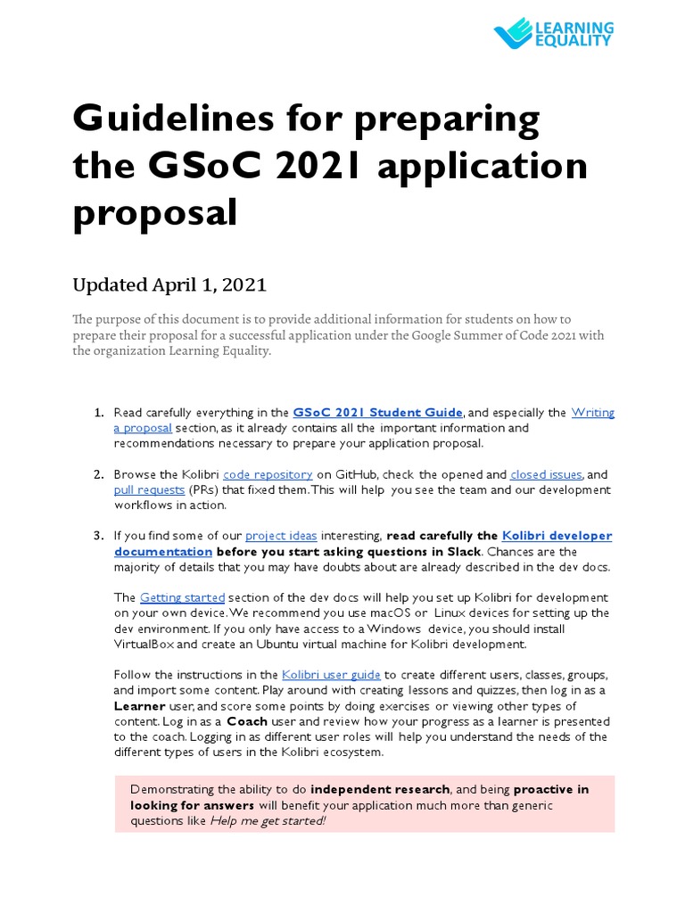 Guidelines For Preparing The GSoC 2021 Application Proposal | PDF | Json | Metadata