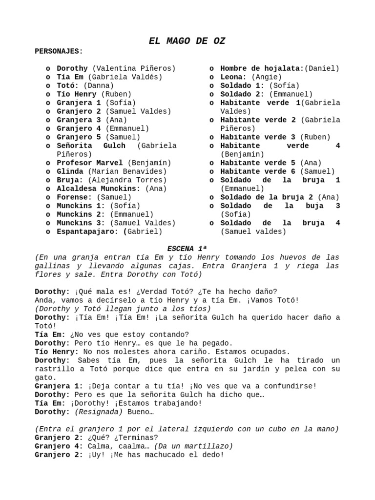 EL MAGO de OZ Obra Infantil | PDF | Wizard Of Oz (Personaje) | Dorothy Gale