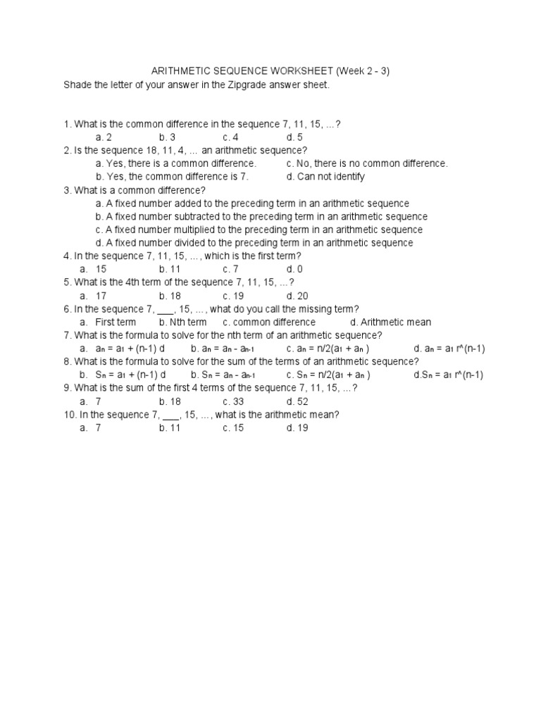 Arithmetic Sequence Worksheet | PDF