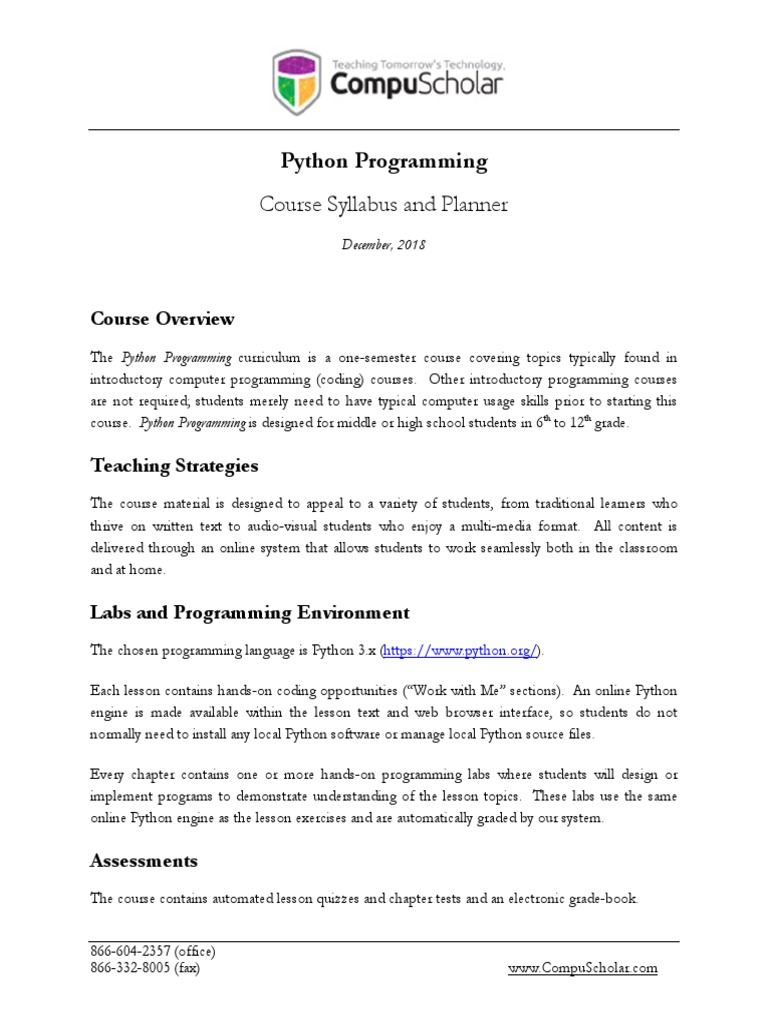 Course Syllabus and Planner: Python Programming | PDF | Python (Programming Language) | Class ...