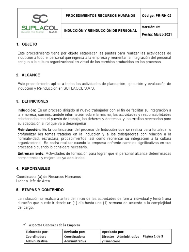 PR-RH-02 Procedimiento de Induccion | PDF | Gestión de recursos humanos ...