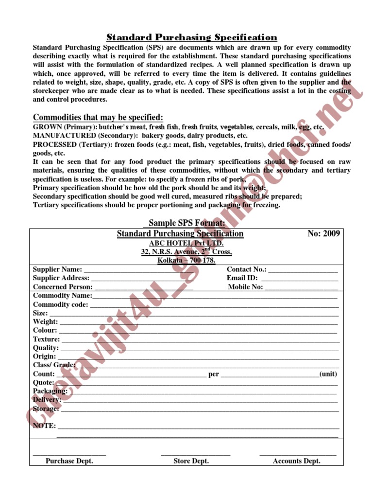 Standard Purchasing Specification: Commodities That May Be Specified ...