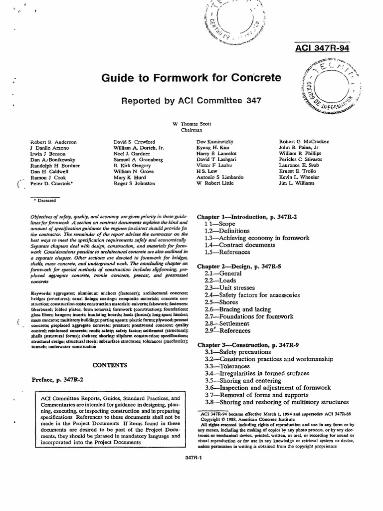 ACI 347R-94 - Guide To Formwork For Concrete | PDF