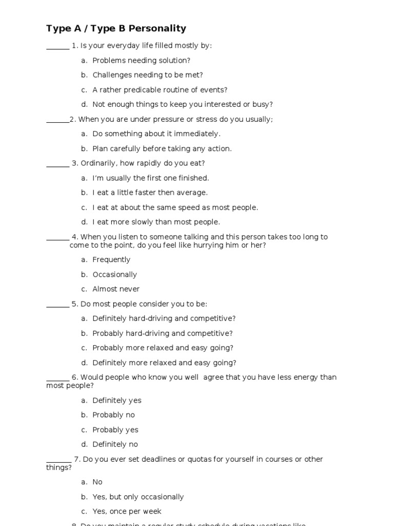Type A or Type B Personality Test (From Book) | PDF | Career & Growth ...