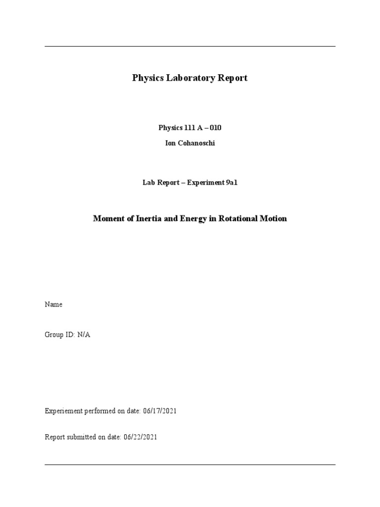 Physics Laboratory Report: Moment of Inertia and Energy in Rotational ...