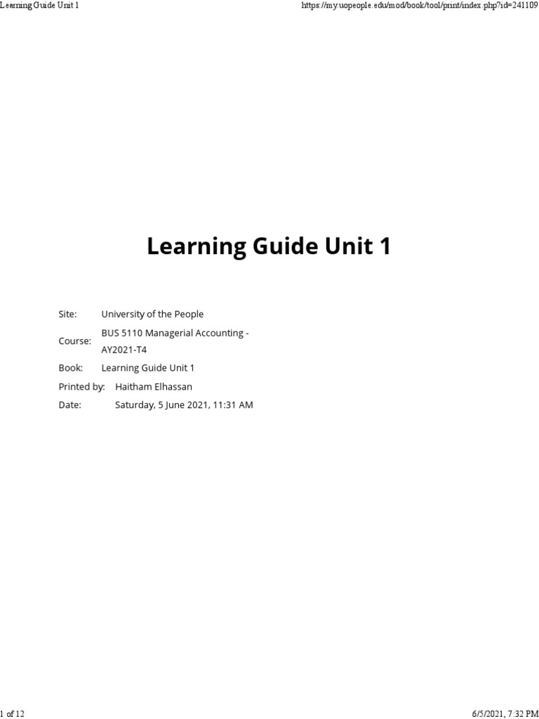 Learning Guide Unit 1 | PDF | Financial Statement | Management Accounting