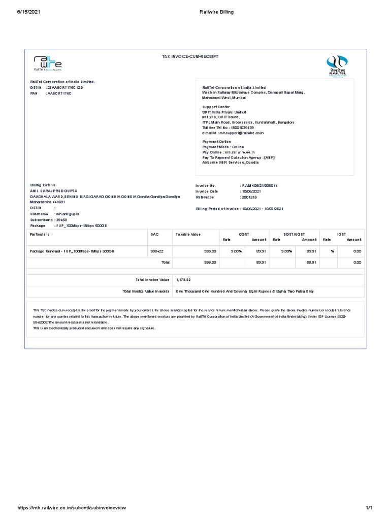 Railtel Corporation of India Limited. Gstin: 27Aabcr7176C1Zd Pan | PDF ...
