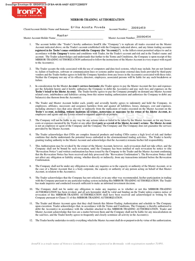 Mirror-Trading Authorization Agreement | PDF | Contract For Difference ...