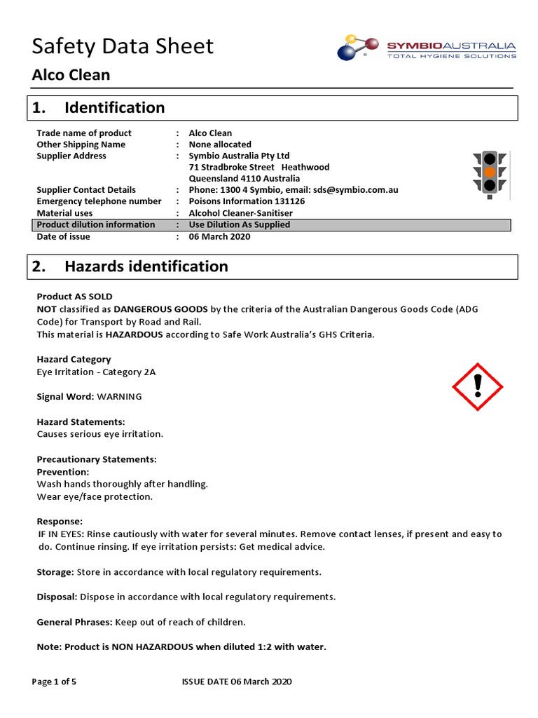 Alco Clean Safety Data Sheet | PDF | Dangerous Goods | Workplace